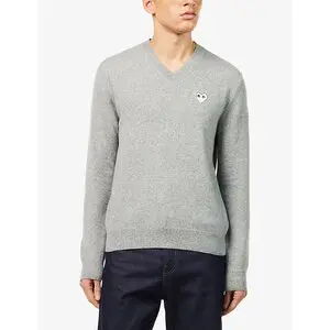 Play Comme Des Garcon Heart-embroidered Knitted Wool Jumper - Light Grey
