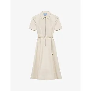 Prada Logo-belt A-line Cotton Chino Midi Dress - Neutral