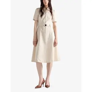 Prada Logo-belt A-line Cotton Chino Midi Dress - Neutral