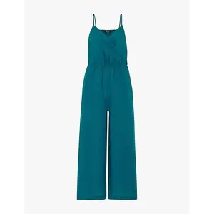 Whistles Wrap-front Sleeveless Linen And Cotton-blend Jumpsuit - Teal