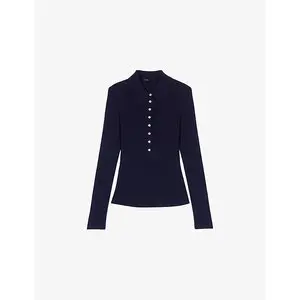 Maje Ribbed Wool And Silk Polo Jumper - Navy