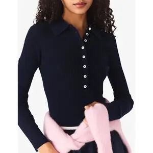 Maje Ribbed Wool And Silk Polo Jumper - Navy