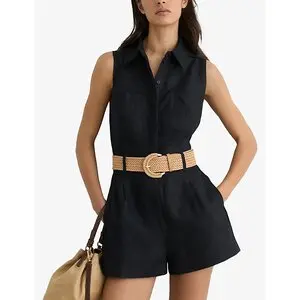 REISS Taylor Belted-waist Linen Playsuit - Navy