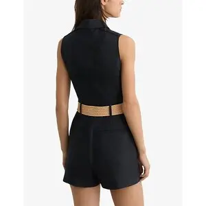 REISS Taylor Belted-waist Linen Playsuit - Navy