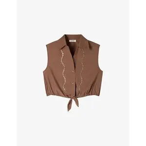 Sandro Embellished Tie-waist Cotton Shirt - Brown