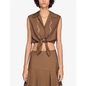Sandro Embellished Tie-waist Cotton Shirt - Brown