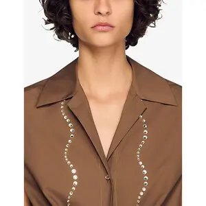 Sandro Embellished Tie-waist Cotton Shirt - Brown
