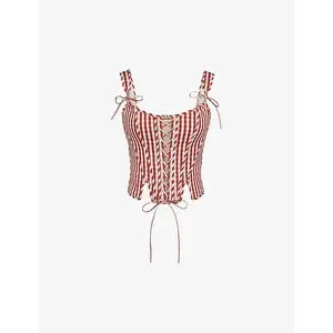House Of Cb Lace-up Stretch-cotton Corset Top - Red