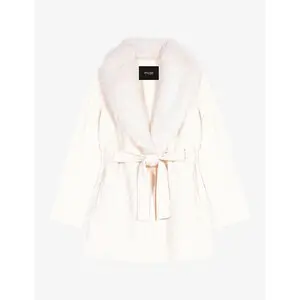Maje Belted Wool-blend Coat With Faux Fur Collar