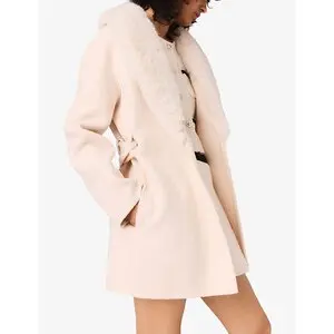 Maje Belted Wool-blend Coat With Faux Fur Collar