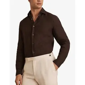 REISS Ruban Classic Collar Linen Shirt - Dark Brown