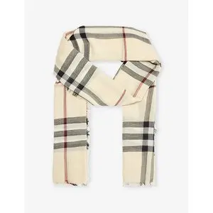 Burberry Checked Frayed-trim Wool Scarf - Stone