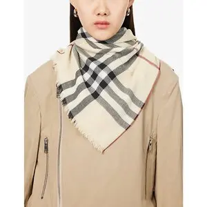 Burberry Checked Frayed-trim Wool Scarf - Stone