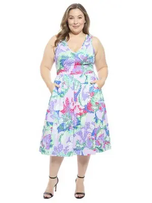 24SEVEN COMFORT APPAREL Abstract Sleeveless V-neck Pleated Midi Fit & Flare Dress - Purple Multi