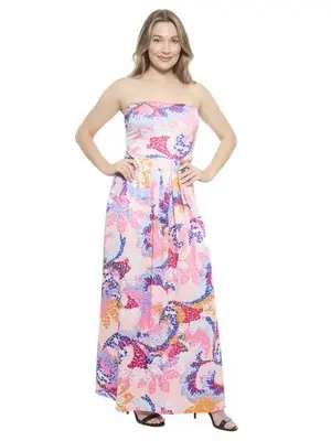 24SEVEN COMFORT APPAREL Abstract Strapless A-line Maxi Dress With Pockets - Pink Multi