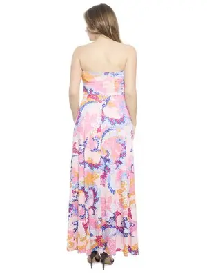 24SEVEN COMFORT APPAREL Abstract Strapless A-line Maxi Dress With Pockets - Pink Multi