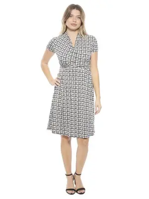 24SEVEN COMFORT APPAREL Geometric Print Faux Wrap A-line Dress - Black Multi