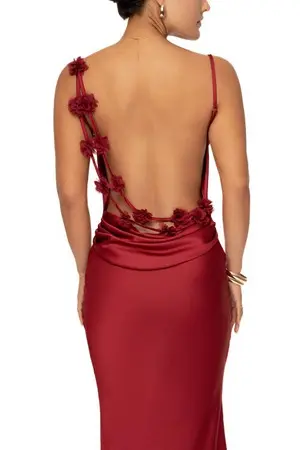 JLUXLABEL Satin Gown With Floral Trim - Red
