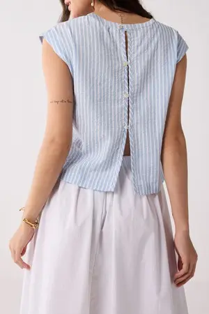REISTOR Blue Stripe Crew Neck Top With Button Back Detail