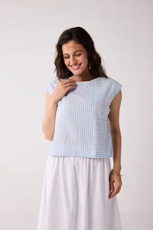 REISTOR Blue Stripe Crew Neck Top With Button Back Detail