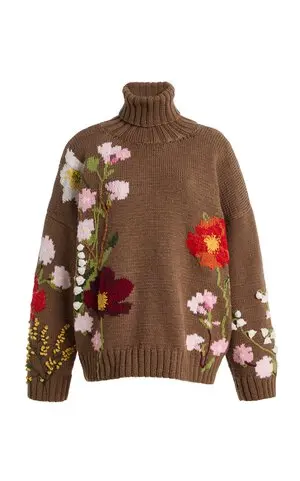 Oscar De La Renta Floral Intarsia Wool Sweater - Brown