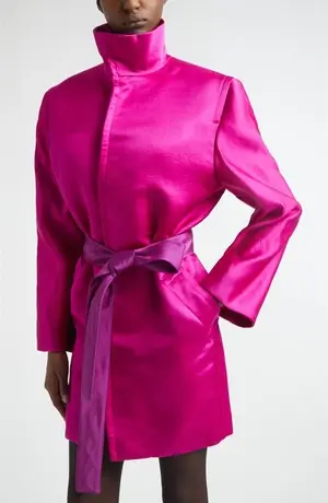 Saint Laurent Silk Satin Belted Coat - Fuchsia