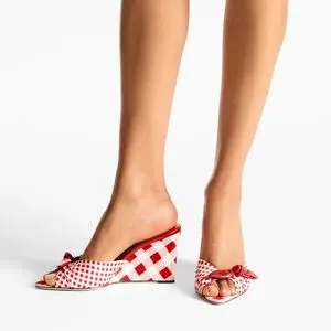 JIMMY CHOO Livi Wedge Mules With Gingham Bow - Ruby Red Mix