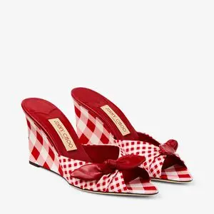 JIMMY CHOO Livi Wedge Mules With Gingham Bow - Ruby Red Mix