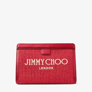JIMMY CHOO Avenue London Embroidered Raffia And Leather Pouch - Ruby Red/light Gold