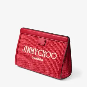 JIMMY CHOO Avenue London Embroidered Raffia And Leather Pouch - Ruby Red/light Gold