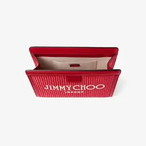 JIMMY CHOO Avenue London Embroidered Raffia And Leather Pouch - Ruby Red/light Gold