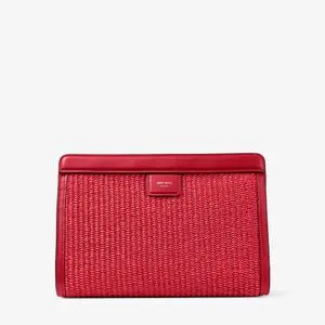 JIMMY CHOO Avenue London Embroidered Raffia And Leather Pouch - Ruby Red/light Gold