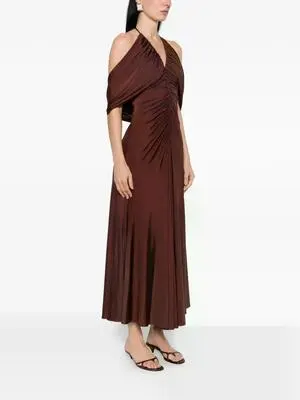 SELF-PORTRAIT V-neck Ruched Midi Dress - Brown