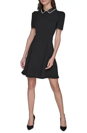 Karl Lagerfeld Paris Faux Pearl Detail Crepe Fit & Flare Minidress