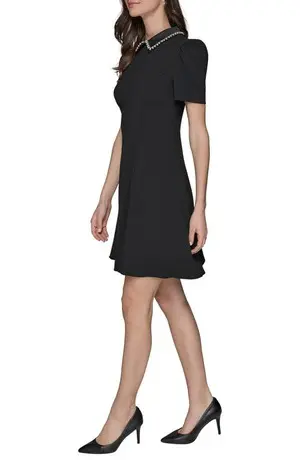 Karl Lagerfeld Paris Faux Pearl Detail Crepe Fit & Flare Minidress