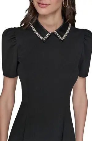 Karl Lagerfeld Paris Faux Pearl Detail Crepe Fit & Flare Minidress
