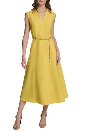 Karl Lagerfeld Floral Jacquard Midi Dress With Chain Belt