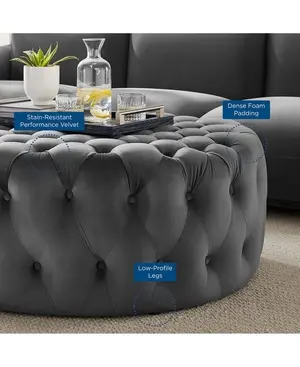 MODWAY Amour Tufted Button Large Round Performance Velvet Ottoman - Gray