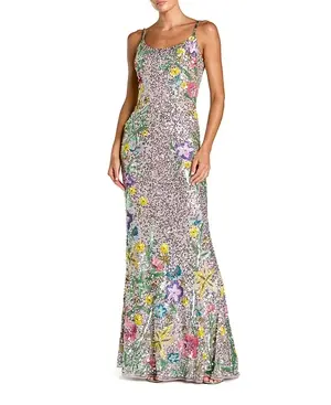 Mac Duggal Embellished Sleeveless Cowl Back Gown - Silver Multi