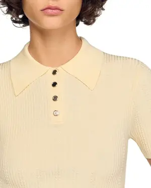 Sandro Ribbed Knit Polo Top - Vanilla