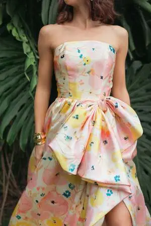 Mac Duggal Strapless Floral Ball Gown With Dramatic Bow Detail