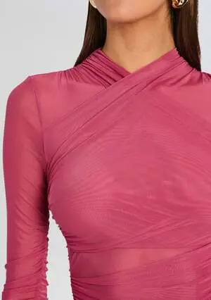 SEROYA Moxey Ruched Mesh Mini Dress - Sangria