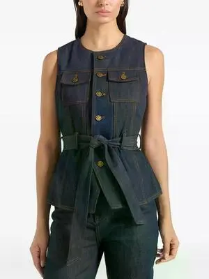 Manière De Voir Denim Waistcoat With Gold Buttons And Belted Waist - Blue