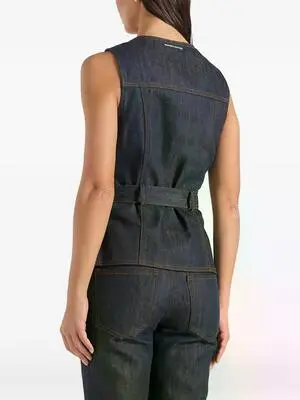 Manière De Voir Denim Waistcoat With Gold Buttons And Belted Waist - Blue