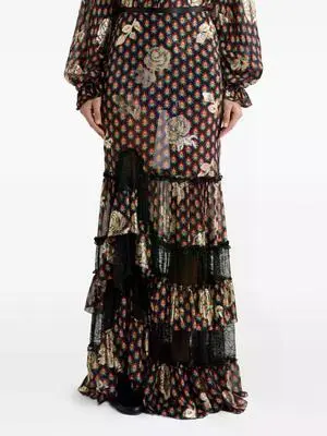 Etro Silk And Lace Maxi Skirt With Fil Coupé Roses