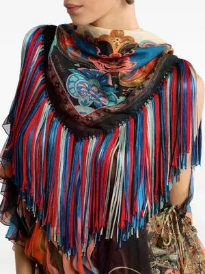 Etro Silk Scarf With Fringing And Floral Motif - Black
