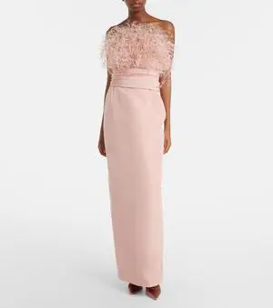 Oscar De La Renta Feather-trimmed Silk Faille Bustier Gown