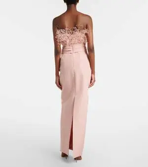 Oscar De La Renta Feather-trimmed Silk Faille Bustier Gown