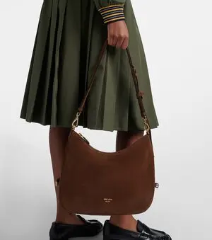 Prada Large Suede Shoulder Bag - Brown
