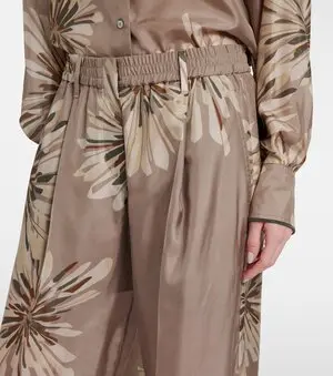 Brunello Cucinelli Floral Silk Pongee Wide-leg Pants - Beige